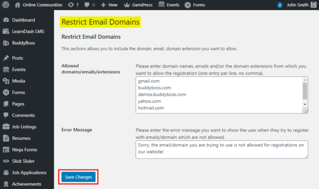 WordPress Restrict Email Domains - Knowledge Base | BuddyBoss Resources