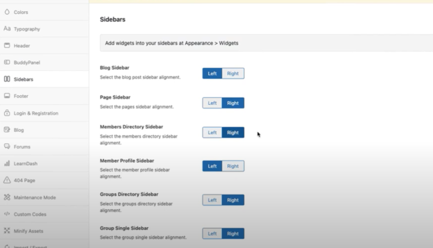 Managing the widget sidebar menu - Knowledge Base | BuddyBoss Resources